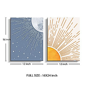 Creoate Boho Wall Decor Art 2 Pieces Sun and Moon Picture Canvas Print Framed Set Artwork for Minimalist Home Decor, Modern Boho Wall Art, 12x16 Inch x2pcs