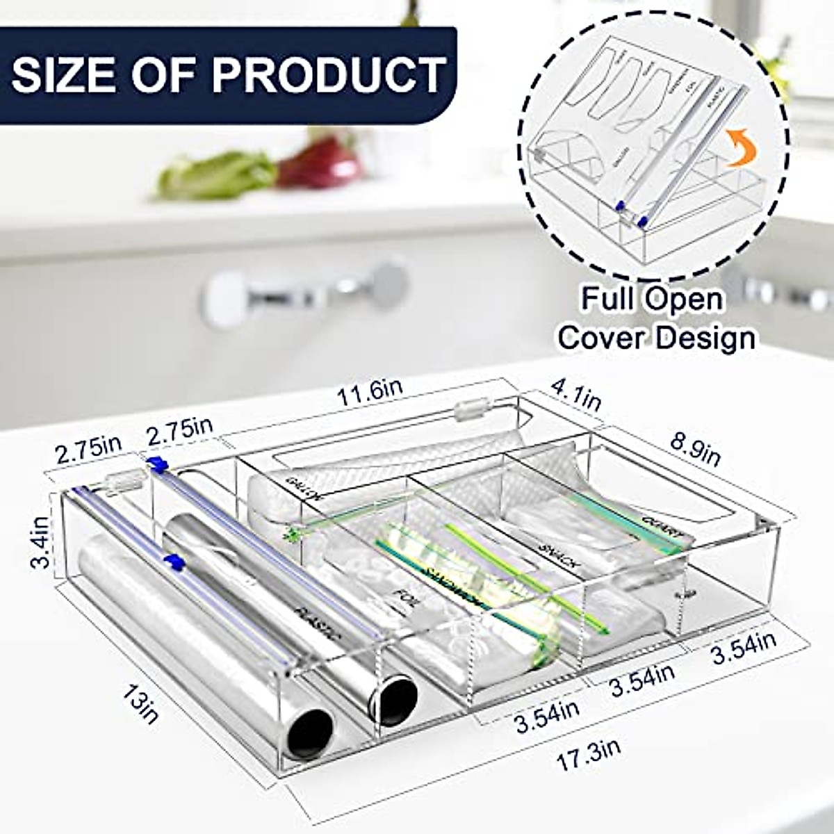 Imboxx 6 in 1 Foil Plastic Wrap Organizer Dispenser with Slide Cutter for Foil Wrap Ziplock Bag Storage Acrylic Organizer for Kitchen Drawer Suitable for Gallon Quart Sandwich Snack