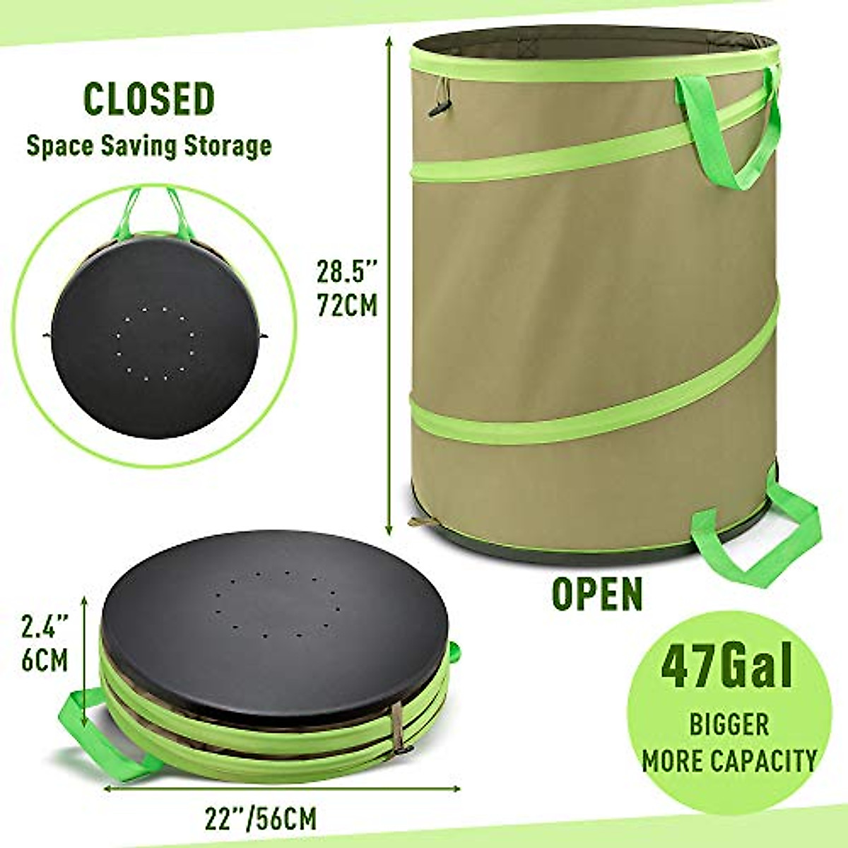 Colwelt 47 Gallon Leaf Bags Collapsible, Hardshell Bottom Heavy Duty Collapsible Garden Bag, Pop up Garden Waste Reusable Bag Include Leaf Scoop, Garden Gloves