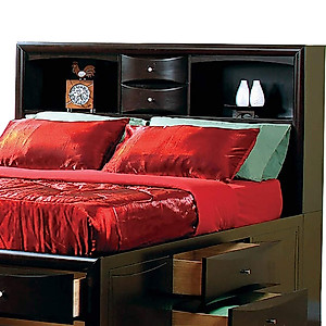 Benjara Wooden California King Size Bed with One Drawers and Two Open Shelves, Brown