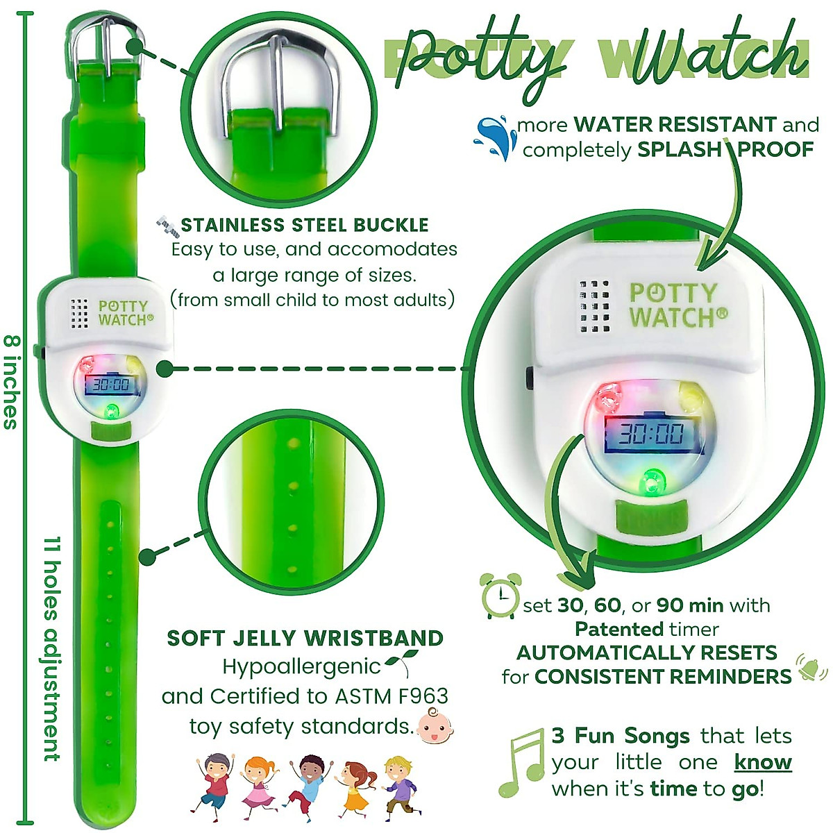 Potty Time:The Original Potty Watch|Water Resistant,Toilet Training Aid,Warranty(30|60|90 Min Auto Timers w/Music & Flashing Lights for Fun & Gentle Reminders) Green,Space Sticker Chart & Battery Kit
