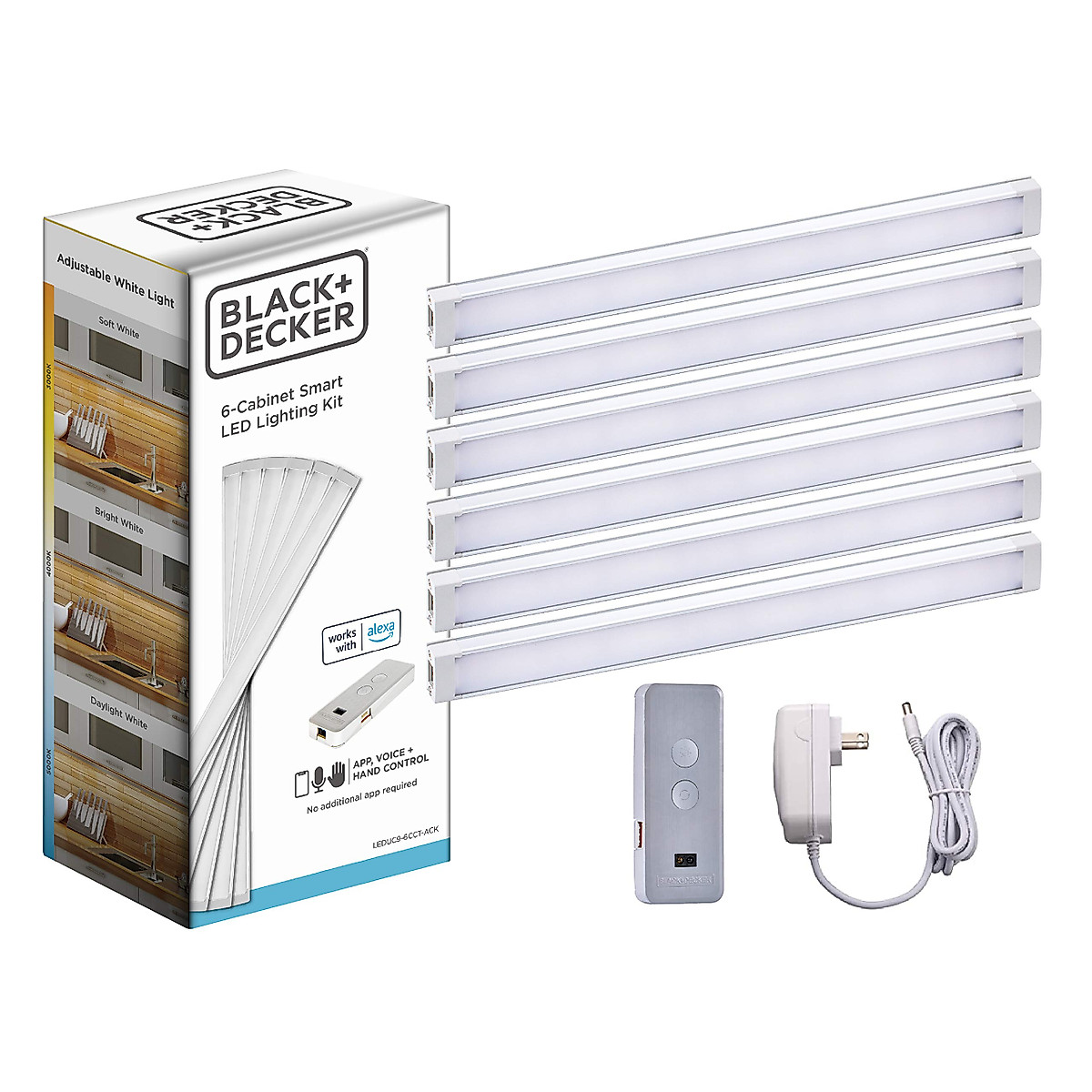 BLACK+DECKER Works with Alexa Smart Under Cabinet Lighting Kit, Adjustable LEDs, (6) 9" Bars, White,A Certified for Humans Device
