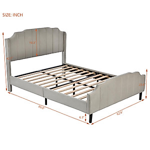 Bellemave Queen Size Upholstered Bed with Headboard and Footboard, Wood Queen Platform Bed Frame for Bedroom, Velvet Fabric, No Box Spring Needed (Queen, Gray)