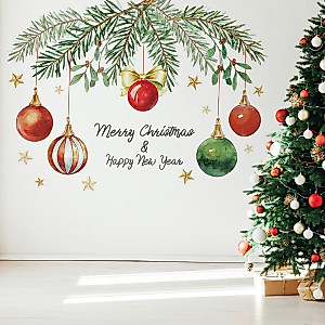 30.71 x 12.12 Inch Merry Christmas Wall Decals Happy New Year Wall Stickers Removable Christmas Fruit Light Ball Wall Decals Decor for Xmas Holiday Party Supplies Home Wall Decor