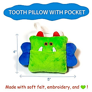 Tooth Fairy Pillow for Boys, Fun Tooth Fairy Kit Includes (1) Monster Tooth Fairy Pouch with Door Hanger, (4) Money Stickers, Fairy Glitter Dust, (8) Magical Toothfairy Notes and Fun Receipts