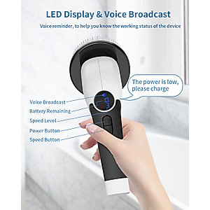 Electric Spin Scrubber, Cordless Shower Cleaning Brush with 8 Replaceable Brush Heads, 3 Adjustable Speeds, Detachable & Extendable Long Handle Scrubber for Bathroom Floor Tile, Voice Broadcast