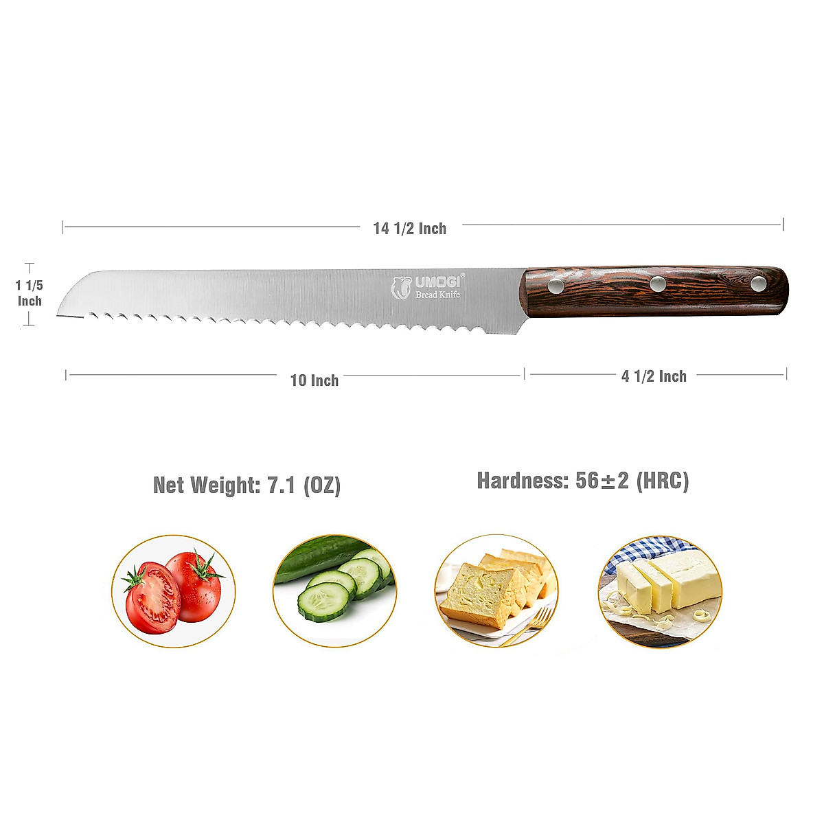 Premium 10 Inches German High-Carbon Stainless Steel Bread Knife - Ultra Sharp Serrated Blade, Full Tang Natural Wooden Handle - Ideal for Slicing Bread Cake Fruits & Vegetables