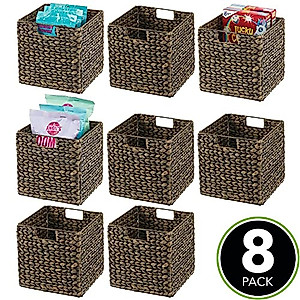 mDesign Natural Woven Hyacinth Cube Storage Bin Basket Organizer with Handles for Kitchen Pantry, Cabinet, Cupboard, Shelf/Cubby Organization, Hold Food, Drinks, Snacks, Appliances, 8 Pack, Black Wash
