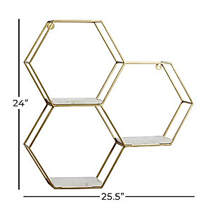 Deco 79 Marble Hexagon 3 Marble Shelves Wall Shelf, 24" x 6" x 24", Gold