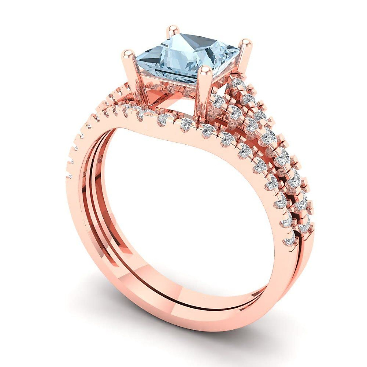 Clara Pucci 2.01ct Princess Cut Solitaire Real Aquamarine Engagement Promise Anniversary Bridal Ring Band set Curved 18K Rose Gold 9.25