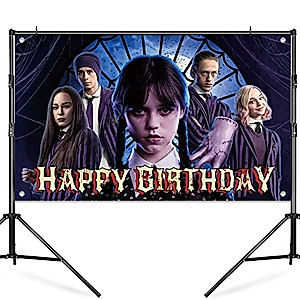 Wednesday New Addams Party Supplies, Happy Birthday Backdrop for Wednesday Party Decorations, 5 x 3FT Birthday Banner for Girls Boys Kids Birthday Party Decor