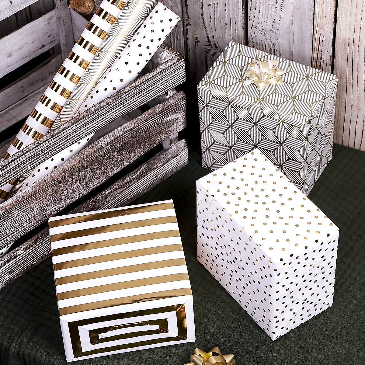 MAYPLUSS Wrapping Paper Roll - Mini Roll - 17 inch X 120 inch Per roll - White & Gold Foil Design (42.3 sq.ft.ttl)