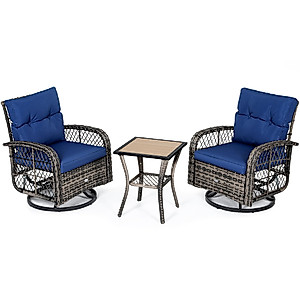 YITAHOME 3-Piece Patio Outdoor Swivel Glider Rocker Wicker Bistro Rocking Furniture Conversation Chairs for Garden, Backyard and Balcony (Navy Blue)
