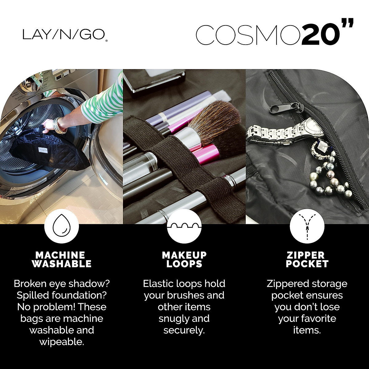 Lay-n-Go Cosmo Drawstring Cosmetic & Makeup Bag Organizer - Portable Drawstring Makeup Bag w/Zipper Pocket, Makeup Loops & More - Durable, Machine Washable Makeup Bag for Travel (20”, Black)