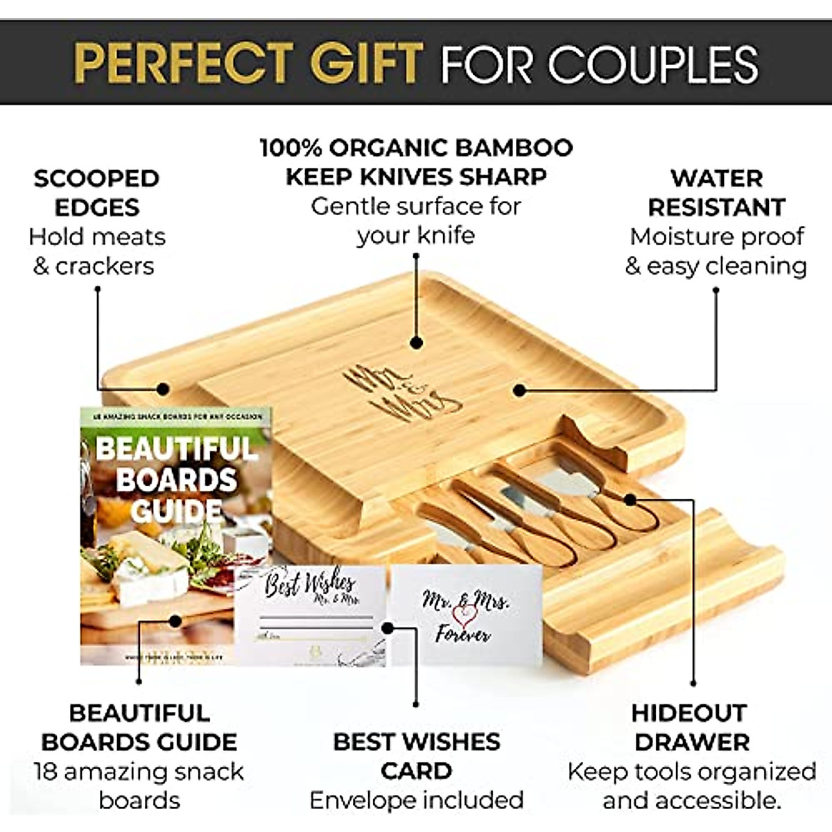 DELUXY Mr and Mrs Cheese Board - Perfect Christmas Gifts For Couples, Wedding Gifts For Couples Unique 2022, Bridal Shower Gifts For Bride, Anniversary, His and Hers, Couples Gifts For Husband & Wife
