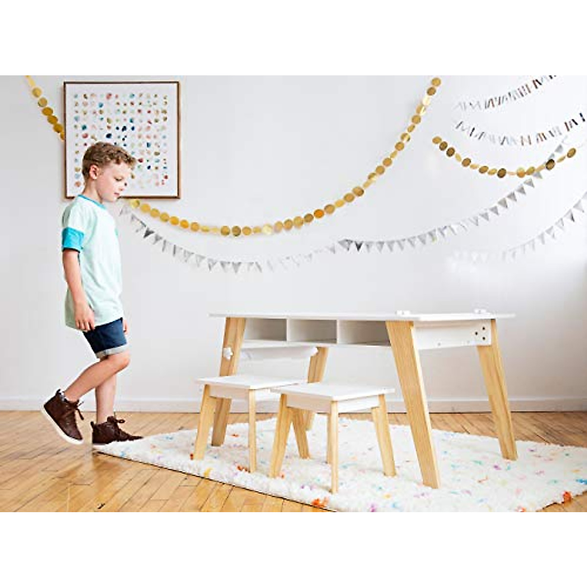 Wildkin Kids Arts and Crafts Table Set for Boys and Girls, Mid Century Modern Design Table Includes Two Stools, Paper and Storage Cubbies Underneath Helps Keep Art Supplies Organized (White)