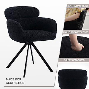 Zesthouse Sherpa Desk Chair No Wheels, Swivel Vanity Chair for Girls Women, Modern Accent Armchair with Extra Backs, Upholstered Computer Task Chair for Living Room Bedroom, Black