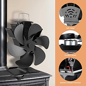NOENOUGH Heat Powered Stove Fan, 6-Blade High Efficiency Fireplace Fan with Thermometer, Saving Wood Fuel for Log Burner/Wood Burner Stove/Fireplace, Upgraded Wood Stove Fan, Non Electric & Silent