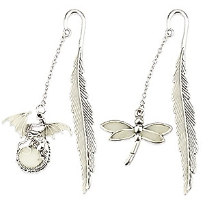 2 Pack Luminous Bookmarks Vintage Feather Metal Book Marker Unique Glow in The Dark Retro Reading Page Marker Perfect Gift for Reader,Women,Kids,Students, Teachers and Book Lovers(Dragonfly,Dragon)