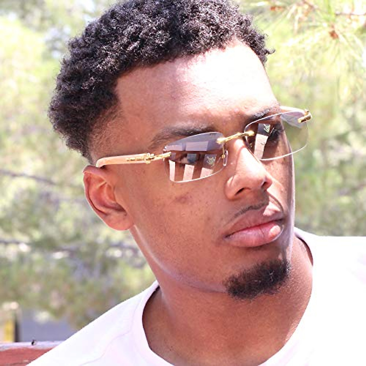 FLAWLESS EYEWEAR Retro Wood Buffs Vintage Style Gangster Rimless Clear Lens Rectangular Metal & Wood Eye Glasses (Cream-Gold/Tinted Clear Lens)