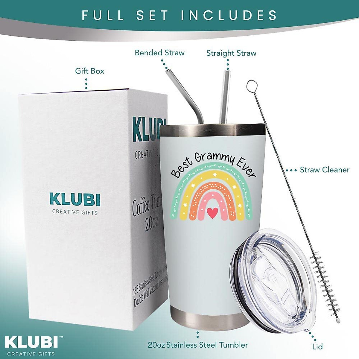 KLUBI Grammy Gifts Tumbler Mug - Best Grammy Ever 20oz Tumbler Mug With Straw - Present Idea for Great Grandma, Grandmother, Cute Birthday, from Grandchildren, Granddaughter, Happy Grammy, Bday