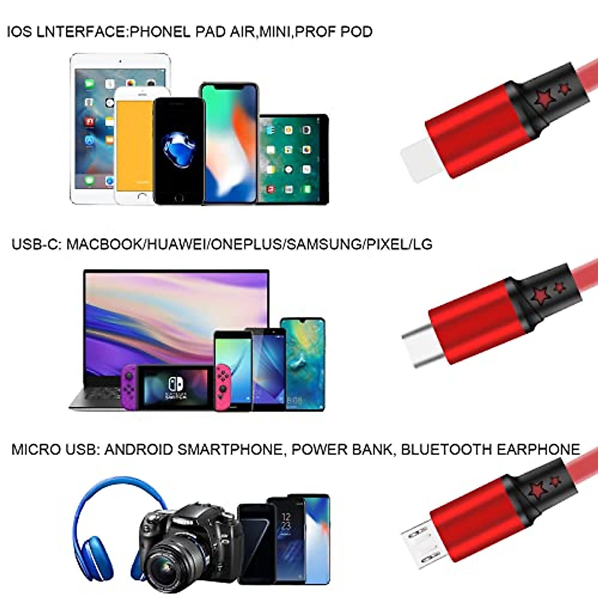 Yifchoti 3 Pack 3 in 1 Multi USB Retractable Charger Cable,Fast Multiple Charging Cord Adapter with IP/USB-C/Micro-USB Port Adapter, Compatible with Cell Phones Tablets Universal Use