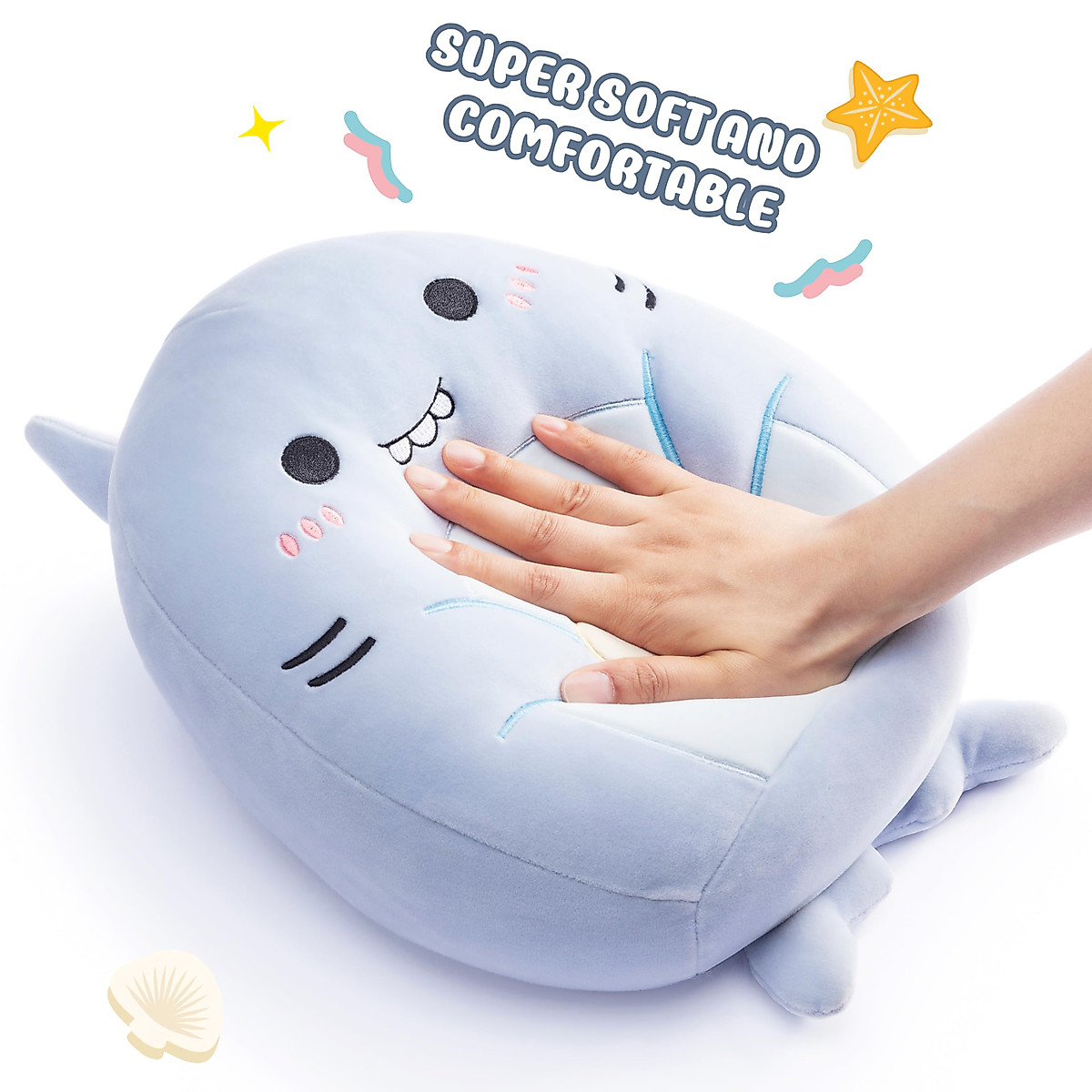 PLAYNICS Large Shark Plush Pillow Stuffed Animal Toy,Big Size Cute Soft 14" Fat Kawaii Hugging Pillows Cuddle Huggable Plushie,Gift for Children