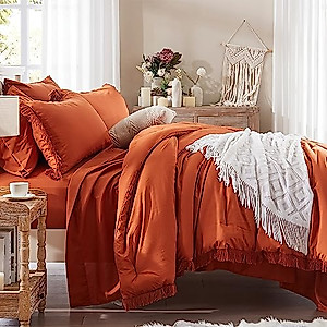 Anluoer Queen Comforter Set, Burnt Orange Boho Bed in a Bag 7 Pieces with Comforter and Sheets, All Season Bedding Sets with 1 Comforter, 2 PillowShams, 2 Pillowcases, 1 Flat Sheet, 1 Fitted Sheet