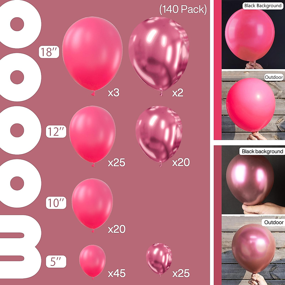 PartyWoo Magenta Balloons, 140 pcs Magenta and Metallic Dark Pink Balloons Different Sizes Pack of 18 Inch 12 Inch 10 Inch 5 Inch for Balloon Garland or Arch as Birthday Decorations, Party Decorations