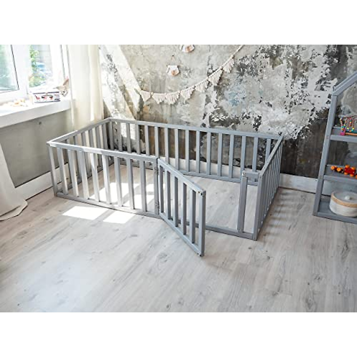 BUSYWOOD Montessori Floor Bed - Toddler Floor Bed - Play Pen - Kids Room Furniture - Wood Bed Fame - Toddler Bed with Rails - Children Play Gym - Waldorf toys (Model 6.2)