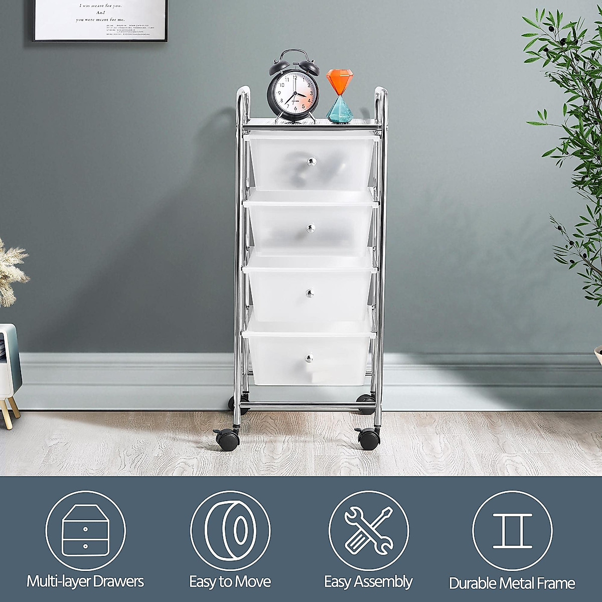 Topeakmart 4 Tier Rolling Storage Cart with Removable Drawers Plastic Trolley Organizer craft cart organizer with drawers 360 Castor Wheels Cart, White