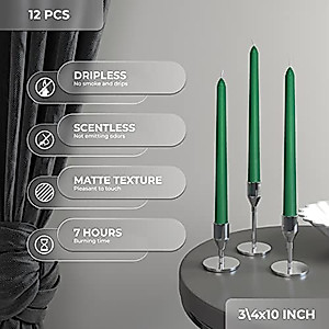 CANDWAX 10 inch Taper Candle Sticks Long Burning Set of 12 - Dripless Dinner Candles for Table Look Like Matte Metallic Candles and are Ideal for Any Occasion - Green Metallic Candles