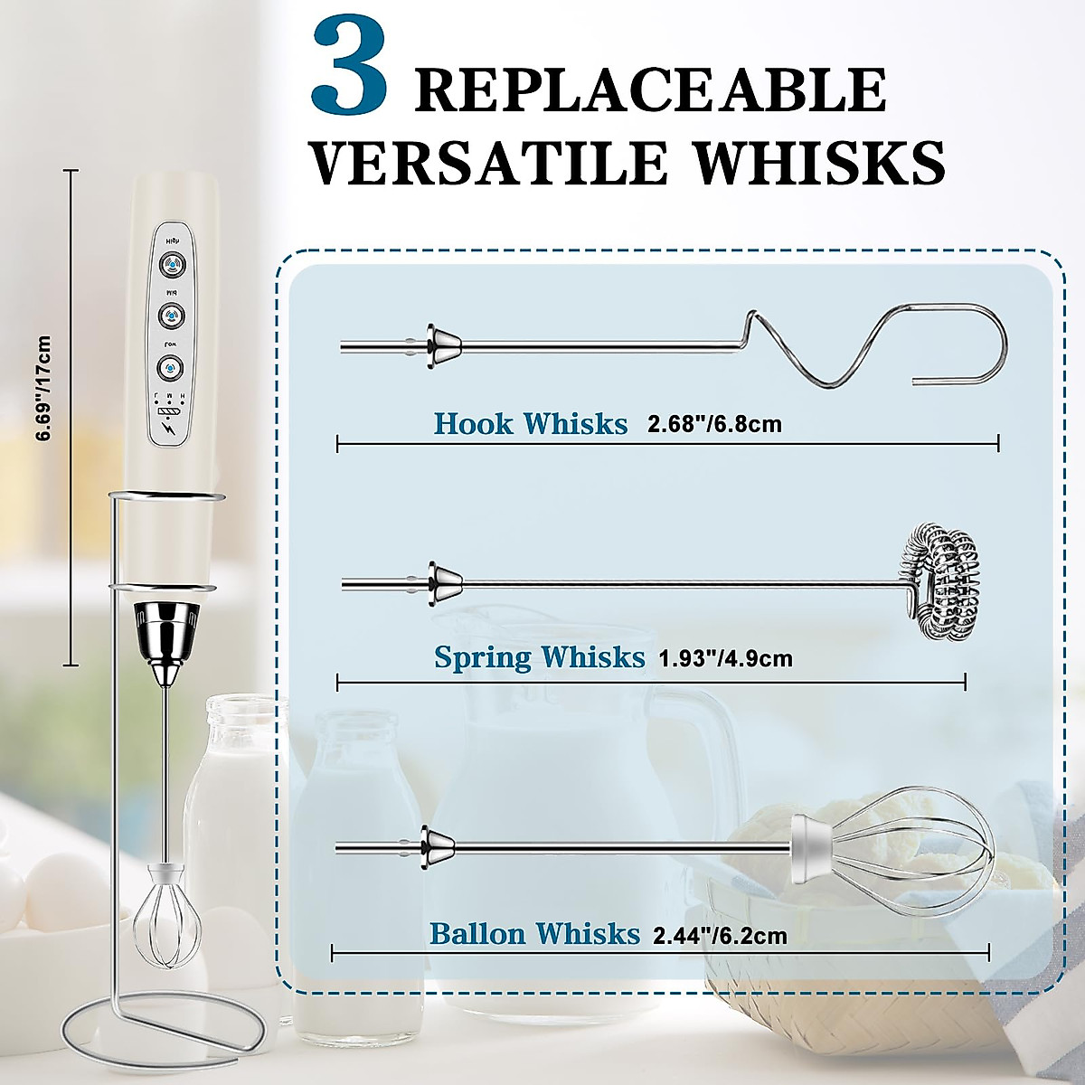 BSRGMS Milk Frother Handheld with Stand, Electric Whisk 3 Speed Adjustable, Drink Mixer with Stainless 3 Whisk, Rechargeable Hand Frother Wand, Foam Maker for Latte Cappuccino Hot Chocolate Egg Beige