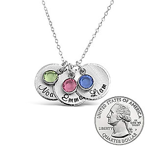AJ's Collection Round Triple Hammered Edge Personalized Charm Necklace. Customize a Sterling Silver Round Pendant with Names and Swarovski Birthstones of Your Choice. Makes Gifts for Her