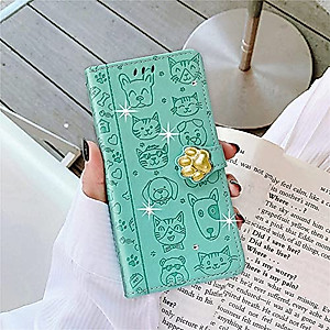 ONV Wallet Case for Oppo Realme 7 Pro - Sparkly Cute Animal Leather Folio Cover + Strap Card Holder Anti-Shock Kickstand Magnet Flip Case for Oppo Realme 7 Pro [MG] -Green