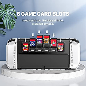 MoKo Case Compatible with Nintendo Switch OLED Model 2021, PC Protective Accessories Cover Case with 6 Game Card Slots and 6 Thumb Caps & 2 Tempered Glass Screen Protectors, Clear+Blue