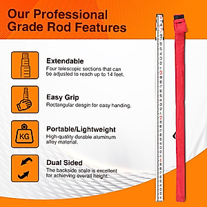 GEOLENI Aluminum Grade Rod - 10ths, With Carrying Case and Rod level (14 Foot)