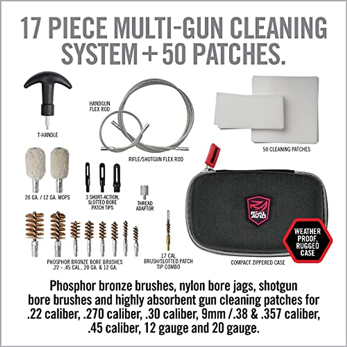 Real Avid Gun Boss Universal Cable 17-Piece Multi Caliber Gun Cleaning Kit for 12 & 20 gauge shotguns, .17 - .45 cal Hunting Rifles & Handguns Complete Gun Cleaning System w/ Compact Zippered Case