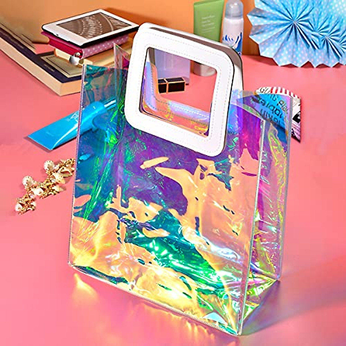 R-LOMU 5pcs Clear Iridescent Reusable Gift Bag 11 x 9.8 x 5.1 Inches Holographic Large Handbag Gift Wrap Bags Pvc with Handle for Party,Birthday,Christmas,Travel, Festival,Wedding, Shopping