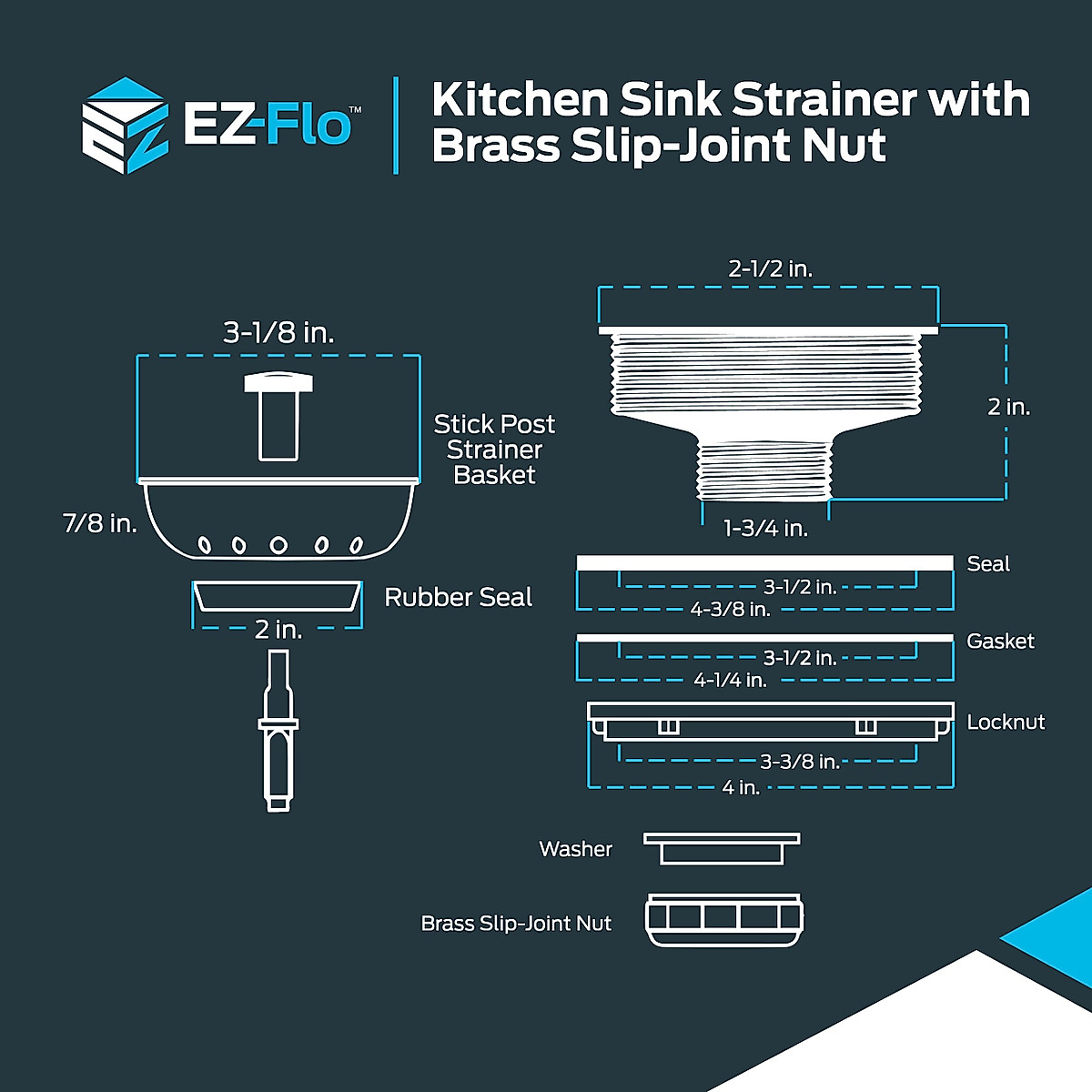 EZ-FLO Kitchen Sink Strainer fits 3-1/2 Inch Opening, Sink Drain Assembly with Brass Slip-Joint Nut and Fixed-Post Basket, Stainless Steel, 30003