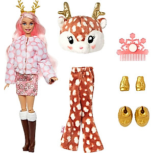 Barbie Cutie Reveal Doll, Snowflake Sparkle Series Deer Plush Costume, 10 Surprises Including Mini Pet & Color Change