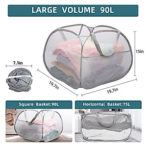 Collapsible Laundry Baskets, 90L Large Foldable Laundry Basket, Durable Mesh Pop Up Hampers for Laundry, Dirty Clothes Laundry Hamper for Bedroom, Bathroom, Dorm, Laundry Room, Travel or Camping Grey