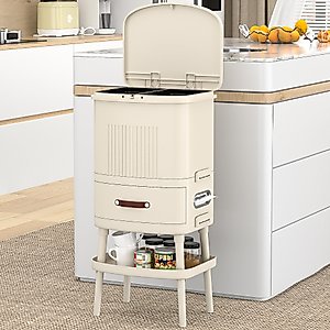 VECELO 12 Gal Kitchen Trash Can with Lid, Garbage Bin with Push Button/Tissue Holders/Drawer/Storage Rack, Dog Proof Narrow Dual Compartment Waste Basket for Bathroom/Bedroom/Living Room/Office, White
