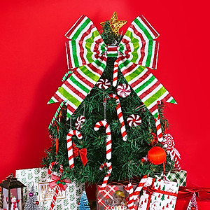 obmwang 2 Rolls Christmas Glitter Stripes Wired Edge Ribbon Red White Green Stripes Ribbons Wired Christmas Holiday Ribbon for DIY Craft Bows Xmas Tree Decoration, 2.52" x 6.56 Yards