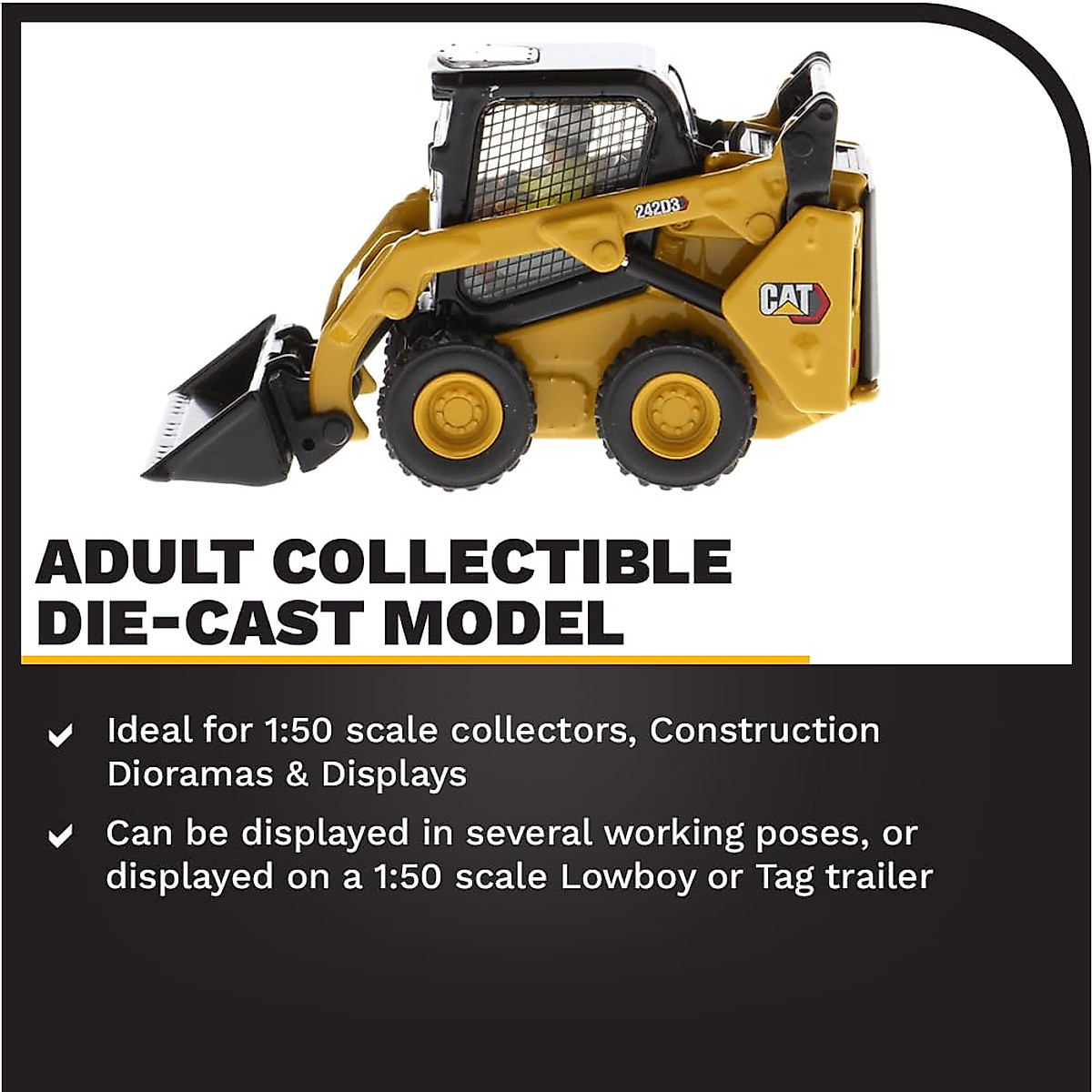 Diecast Masters 1:50 Caterpillar 242D3 Skid Steer Loader with Attachment Accessories | High Line Series Cat Trucks & Construction Equipment | 1:50 Scale Model Diecast Collectible | DM Model 85676