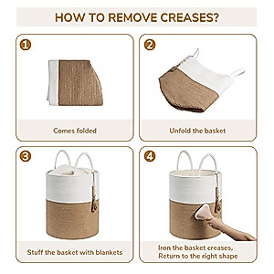 CherryNow Wicker Laundry Basket Tall Woven Hamper, Blanket Storage Basket for Living Room, Entryway, Toy Basket for Nursery, Decorative Clothes Hamper for Bedroom, White & Jute, 51L, 15 x 17.7 inches