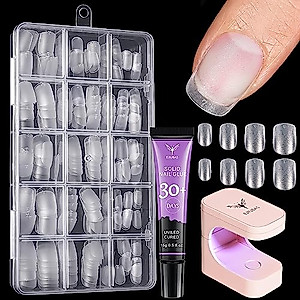 Ejiubas Gel Nail Kit, Nail Tips and Gel Kit with 15ML Solid Gel, 300PCS Extra Short Square Fake Nails with Portable Nail Lamp, DIY Nail Art Tools Gel Nail Extension Kit Acrylic Nail Kit