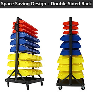 Sybrioka 90 Parts Bin Rack Storage Unit System Steel Shelf, Mobile Organizer Plastic Bins Garage Shelving Tool Shop, 4 Locking Wheels, Floor Mount for Men's Gift