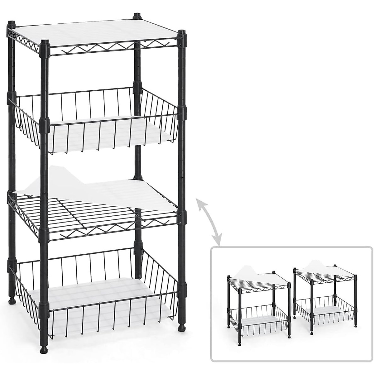 Fencer Wire NSF 2 to 4 Tier Stackable Wire Shelving Unit w/Baskets & Liner, Storage Rack Kitchen, Bathroom, Laundry Closet, Wire Shelving Basket Shelves, Storage Rack Corner Shelves, Black