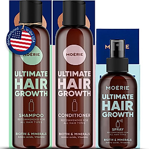 Moerie Mineral Shampoo and Conditioner Plus Hair Growth Spray Set – Ultimate Hair Care Pack – For Longer, Thicker, Fuller Hair - Volumizing Hair Care Products – Paraben & Silicone Free - 3 Products
